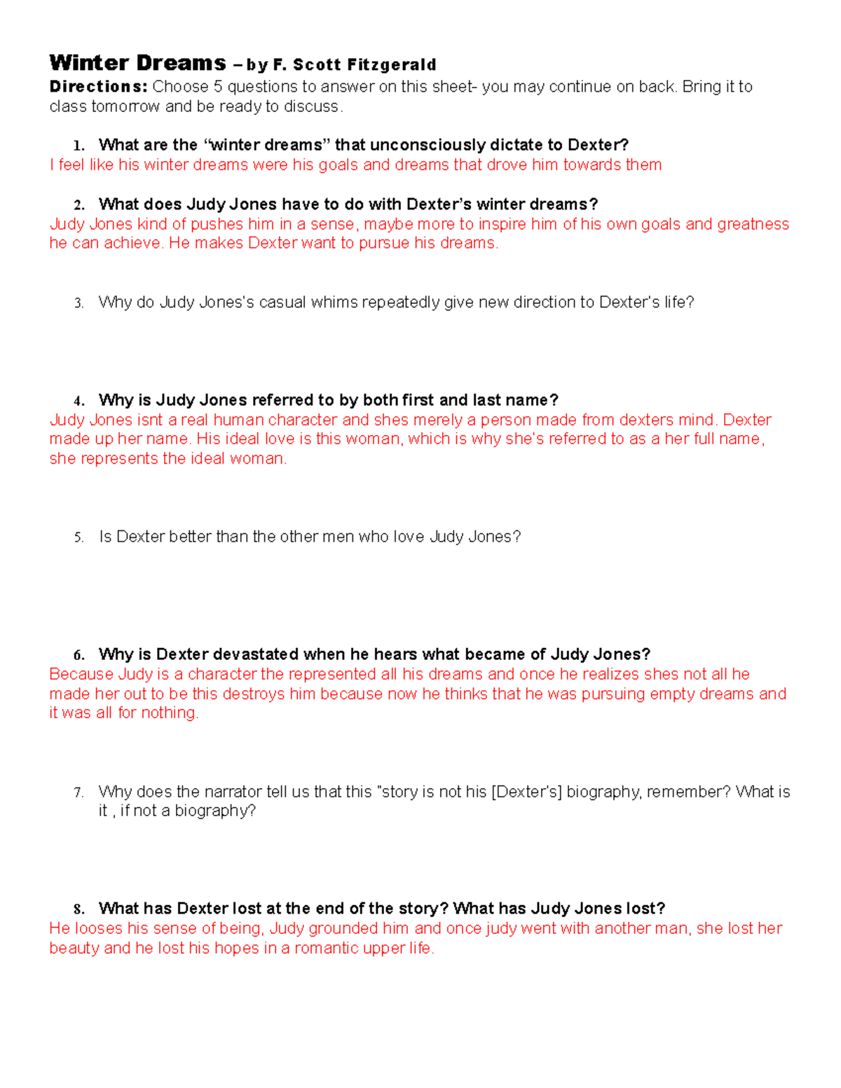 Winter Dreams Quest: Discussion Questions Analysis on F. Scott ...