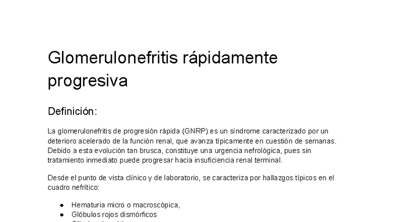 GNRP: Glomerulonefritis Rápidamente Progresiva - Definición y Fisiopatología - Studocu