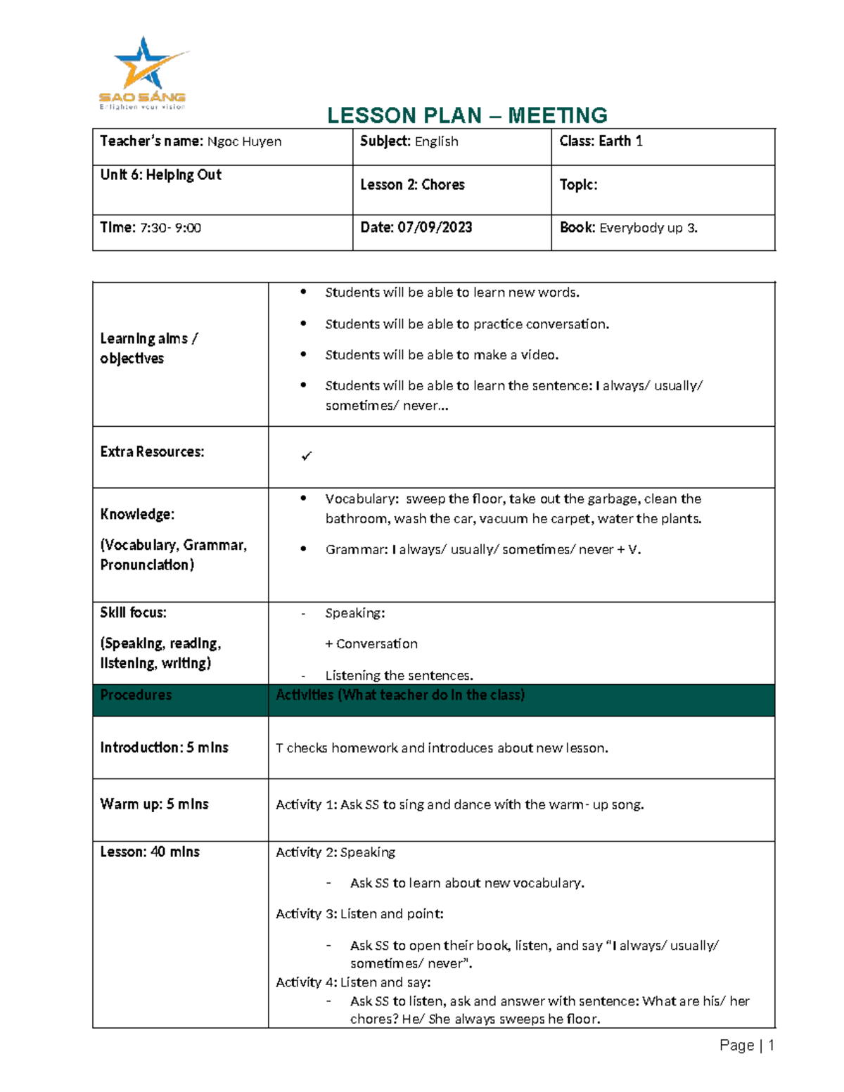 Unit 6 Lesson Plan: Helping Out (Earth 1) - Ngoc Huyen - Studocu
