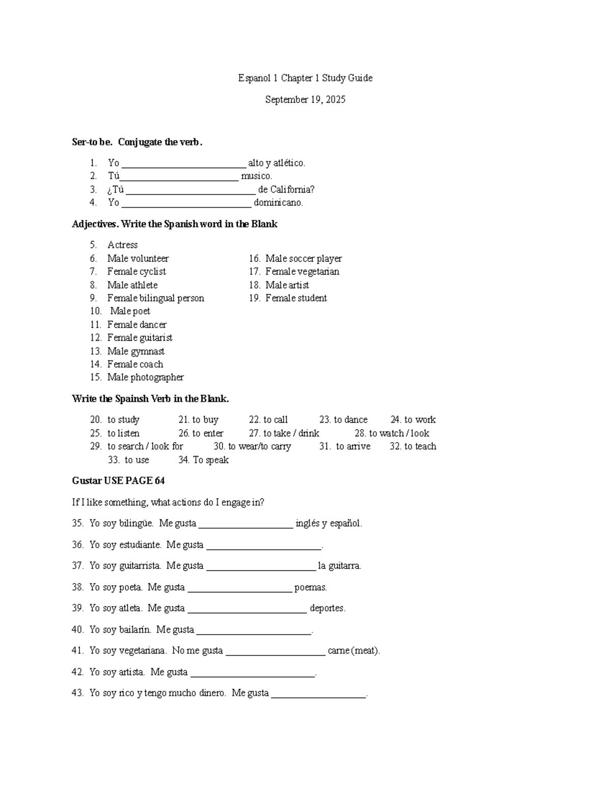 Espanol 1 Chapter 1 Study Guide - Verb Conjugation & Adjectives - Studocu