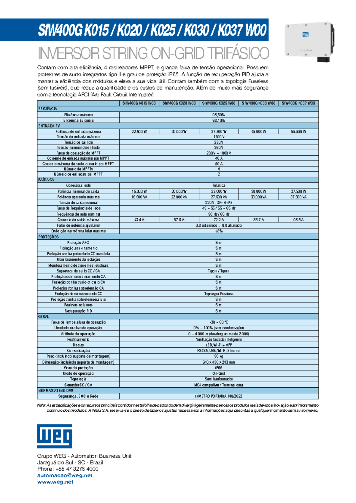 Datasheet SIW400G K015 K020 K025 K030 K037 W00: Inversor Trifásico On ...