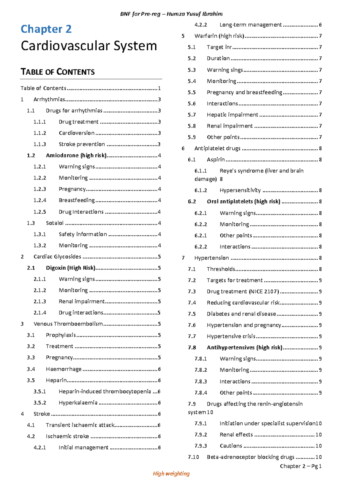 BNF for Humza Yusuf Ibrahim 4.2.2 Chapter 2: Cardiovascular System Overview - Studocu