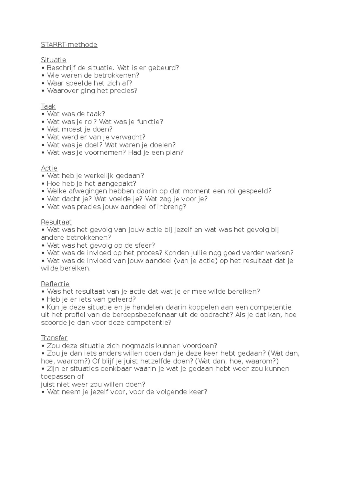 STARRT-methode: Situatie, Taak, Actie, Resultaat, Reflectie, Transfer ...