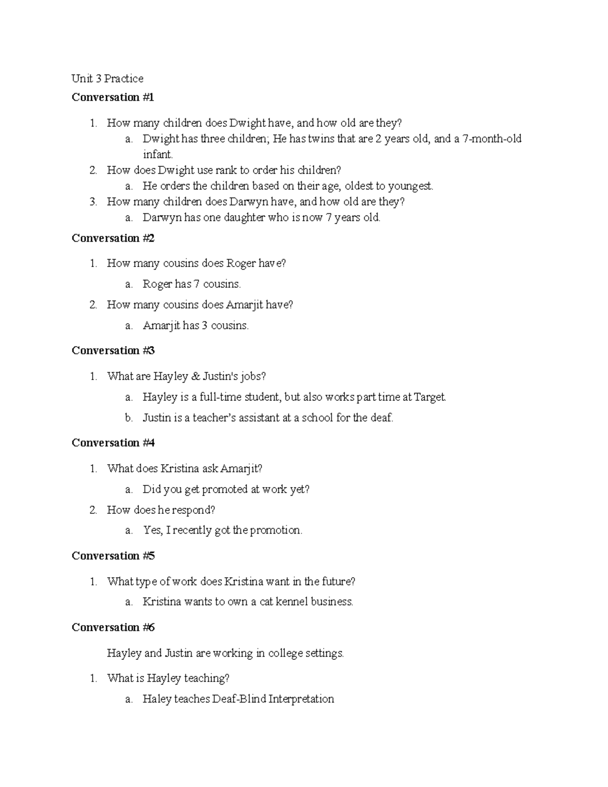 Unit 3 Practice - AMSL101: Conversations and Responses Overview - Studocu