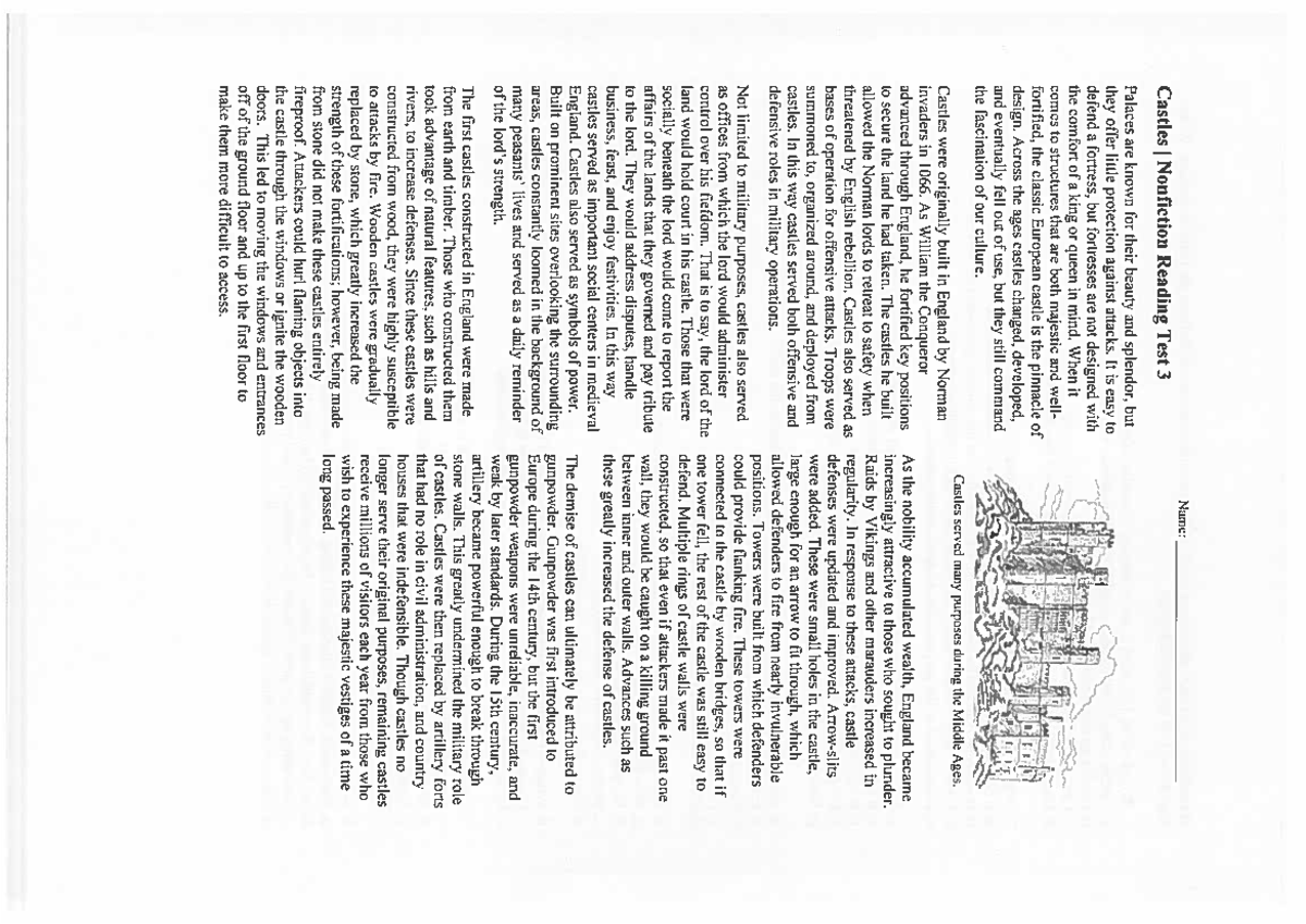 Comprehension Gr10-12 FAL - Name: Castles Nonfiction Reading Test 3 ...