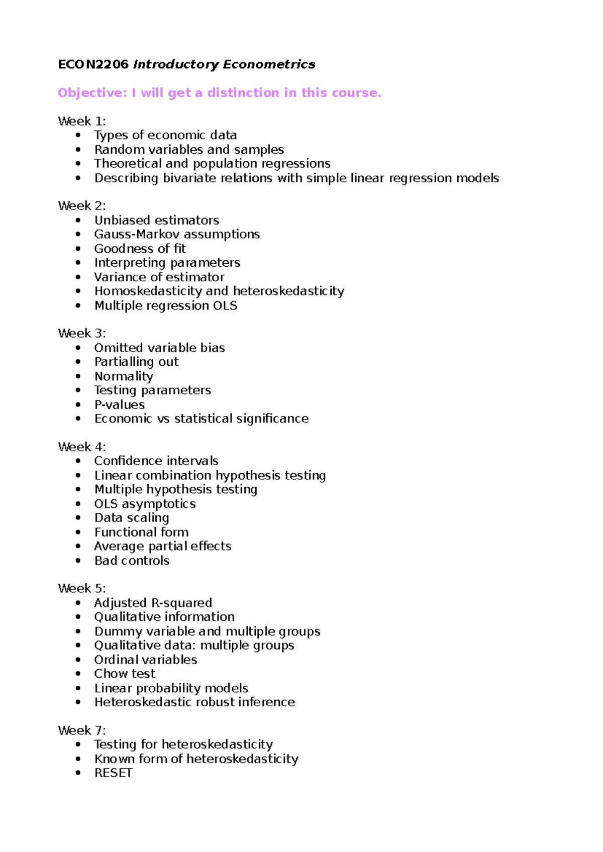 ECON2206 Final Exam Study Notes: Key Concepts in Econometrics - Studocu