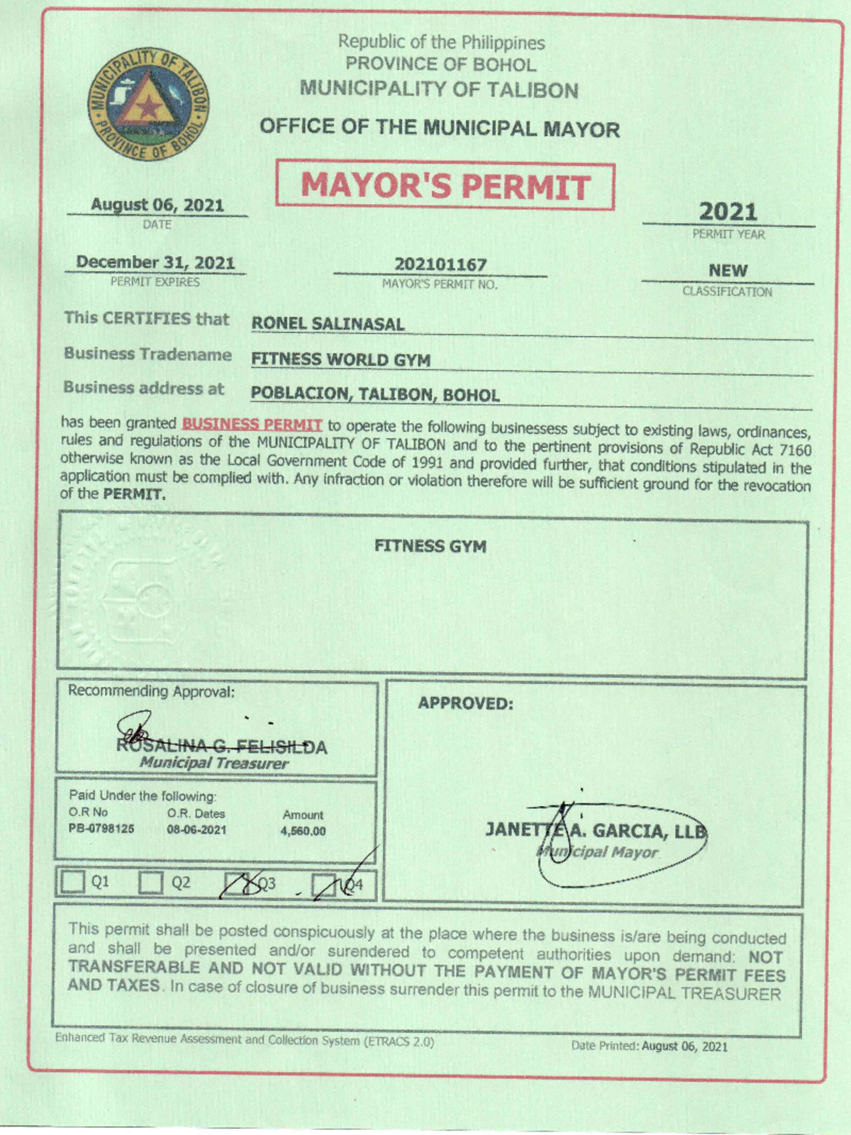 Permit Sample for Fitness World Gym, Municipality of Talibon - Studocu