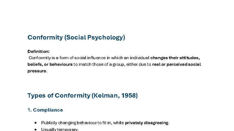 Social Psychology (PSY101) Conformity Notes and Definitions - Studocu