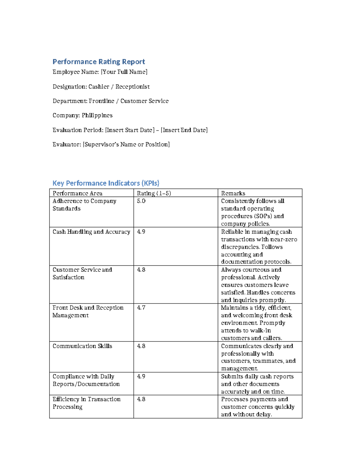 Performance Rating Report: Cashier Receptionist Evaluation - Studocu