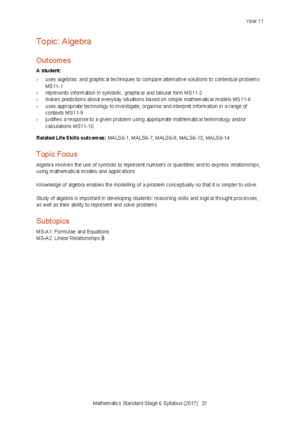 Year 11 Mathematics Standard Syllabus: Algebra, Measurement ...