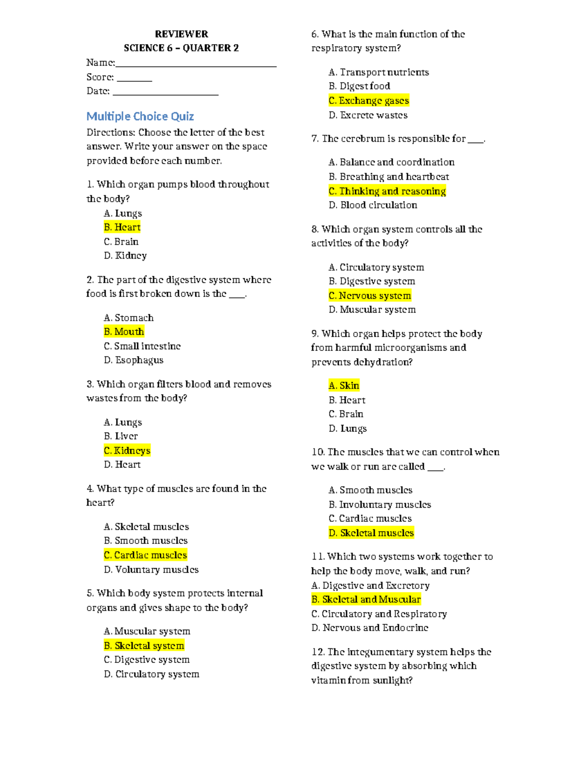Science 6 Reviewer: Quarter 2 Multiple Choice Quiz - Studocu