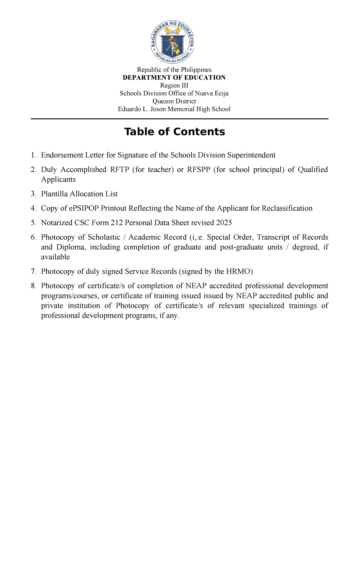 Table of Contents for Teacher Reclassification Documents - Studocu