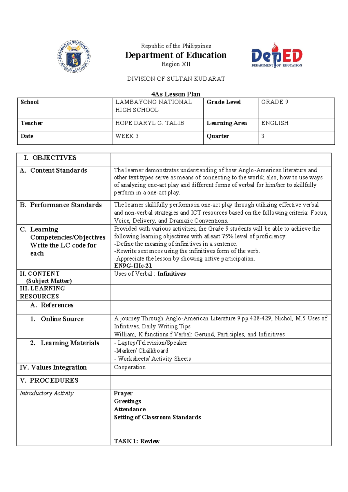 Grade 9 English Lesson Plan: Understanding Infinitives and Verbal Forms ...