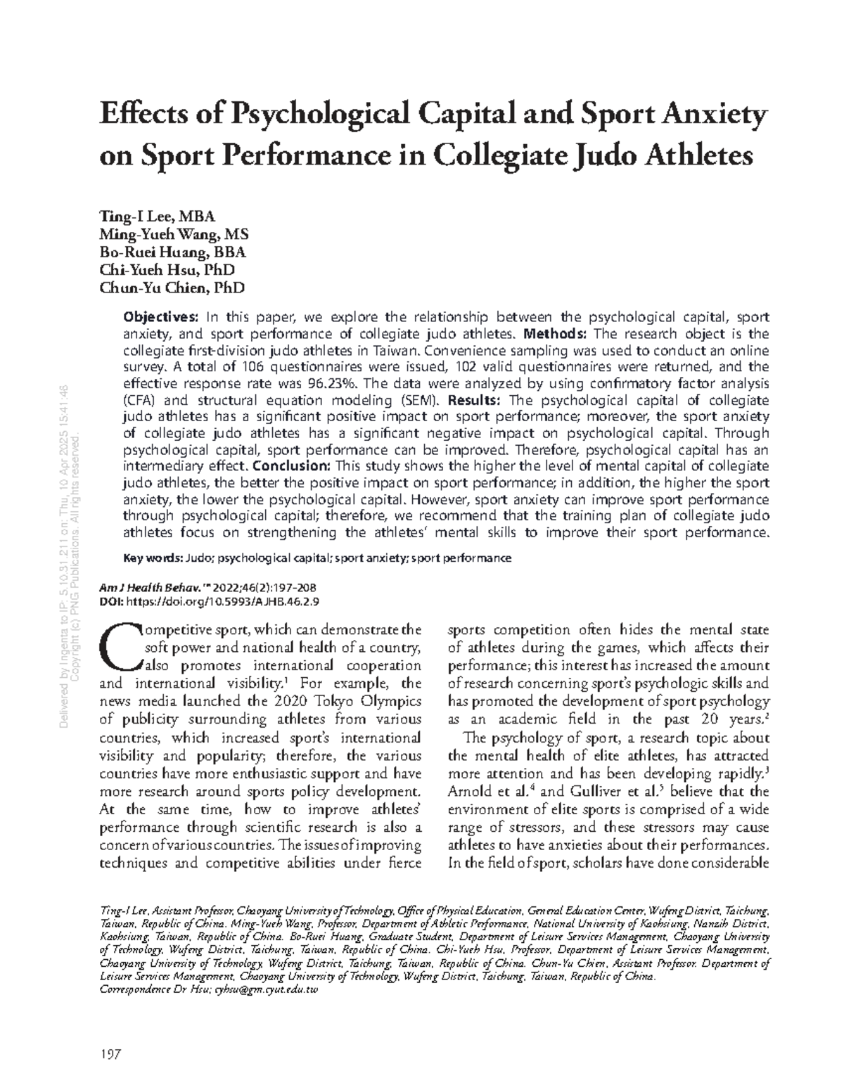 Effects of Psychological Capital and Sport Anxiety on Judo Performance ...
