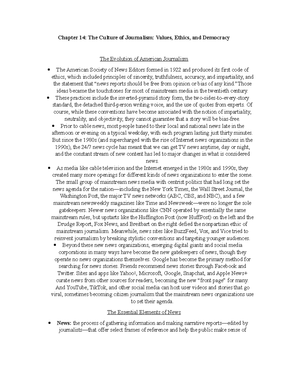 Chapter 14 - The Culture of Journalism: Ethics & Values in America ...
