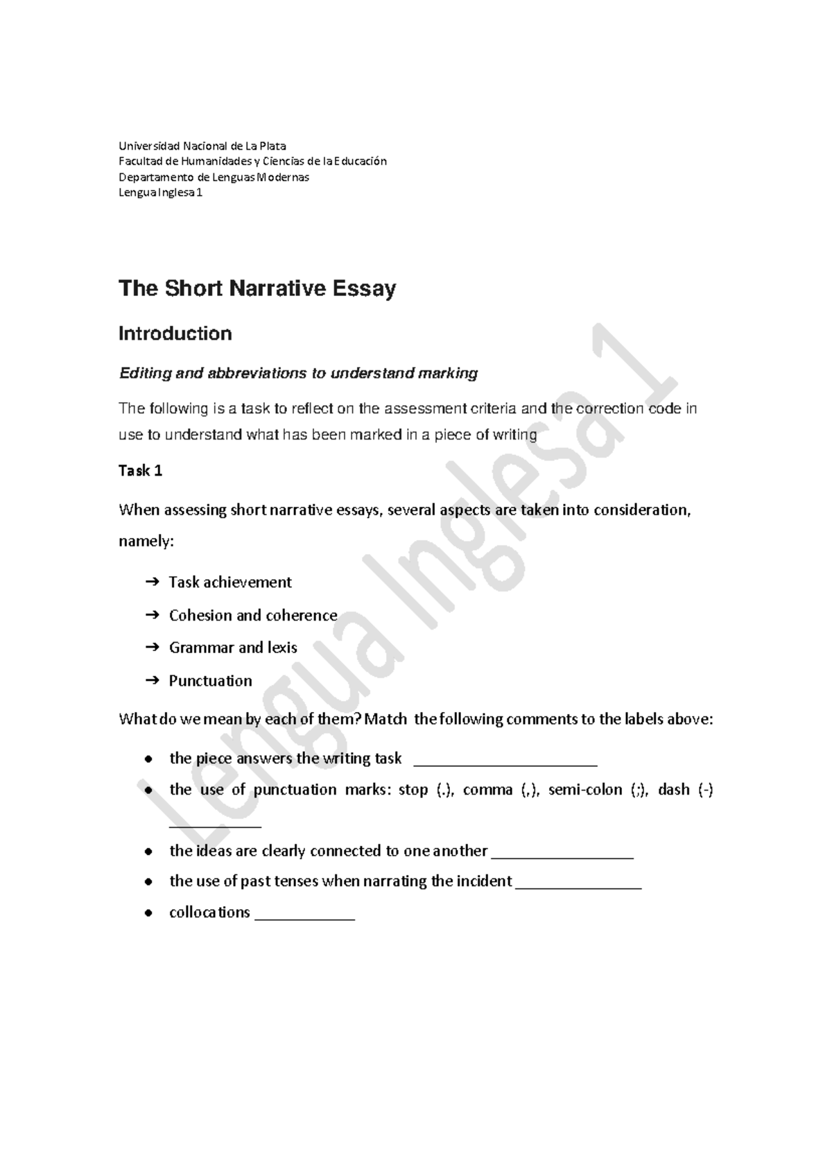 The Short Narrative Essay - Introduction - Assessment and Key to ...