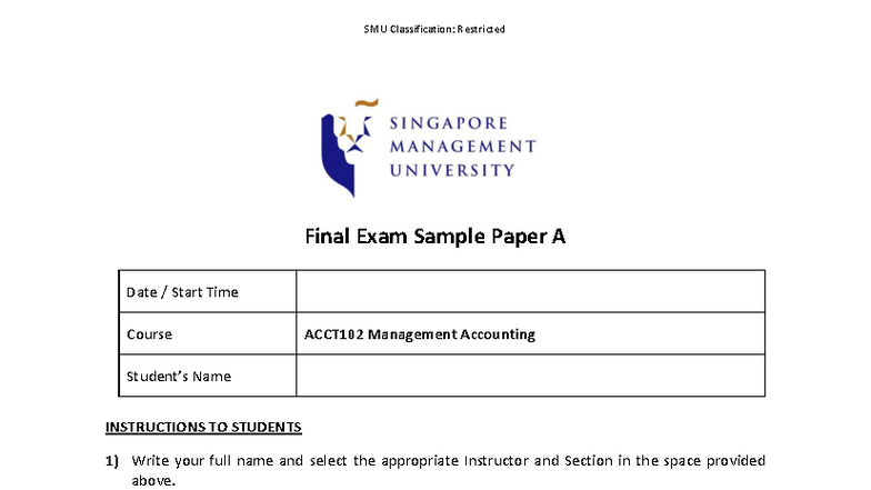 ACCT102 Final Exam Sample Paper A - Management Accounting - Studocu