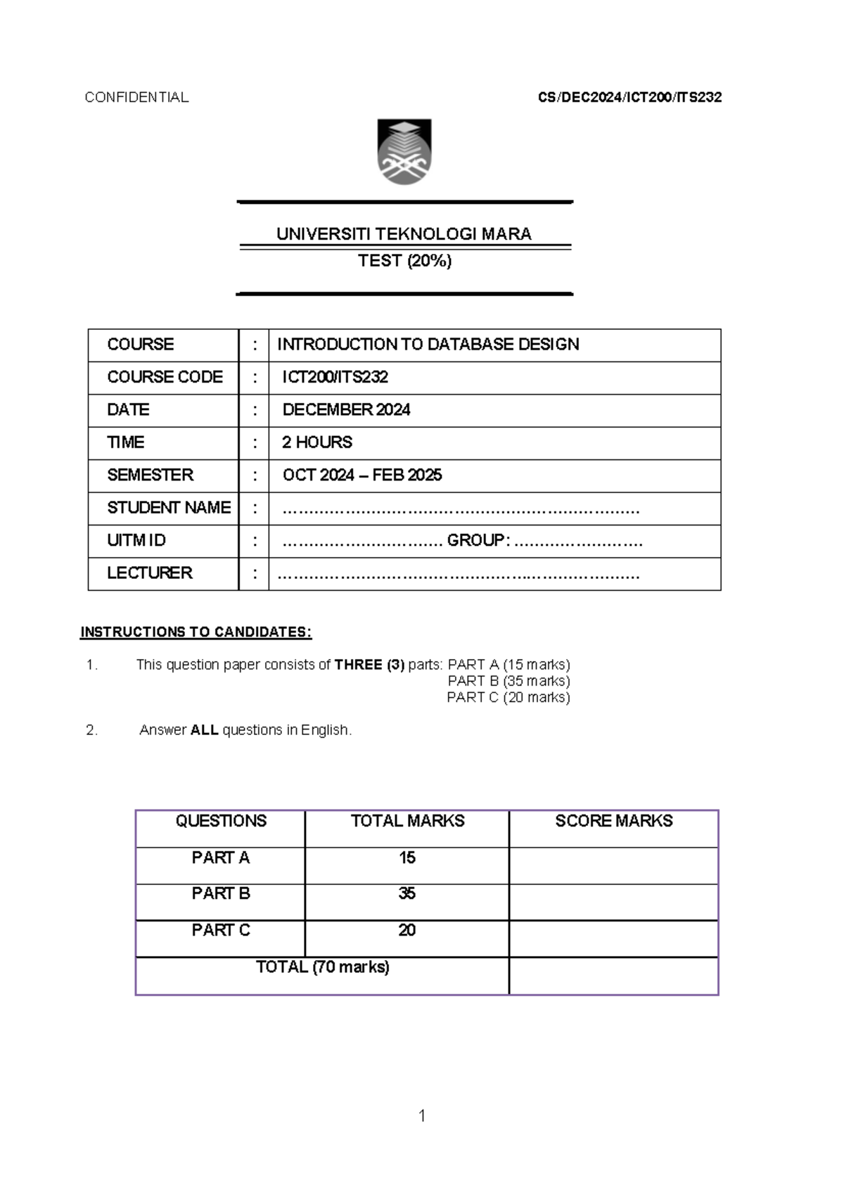 Test Paper: Introduction to Database Design (ICT200) - Dec 2024 - Studocu