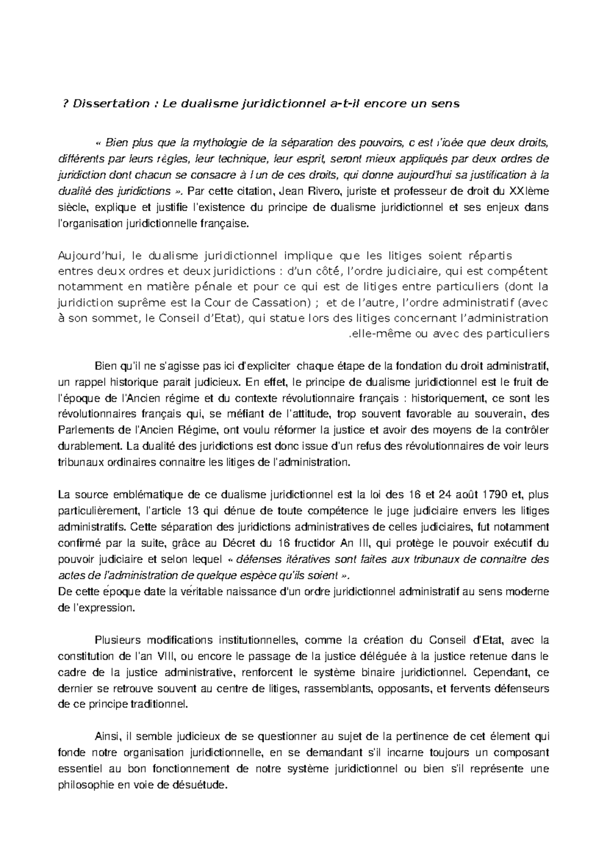 Dissertation : Le dualisme juridictionnel a-t-il encore un sens ? - Studocu