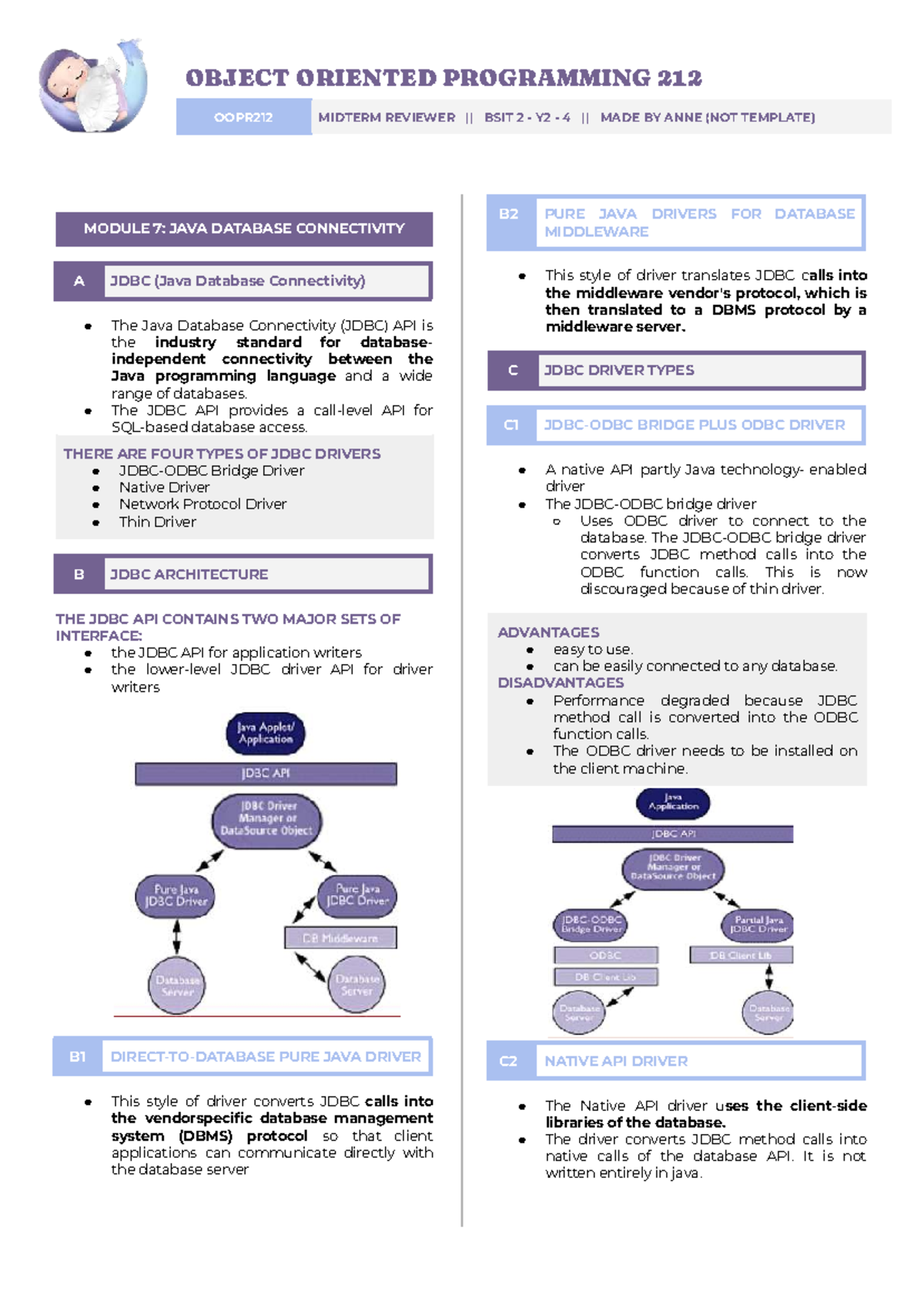 OOPR212 MIDTERM REVIEWER: JAVA DATABASE CONNECTIVITY & JDBC - Studocu