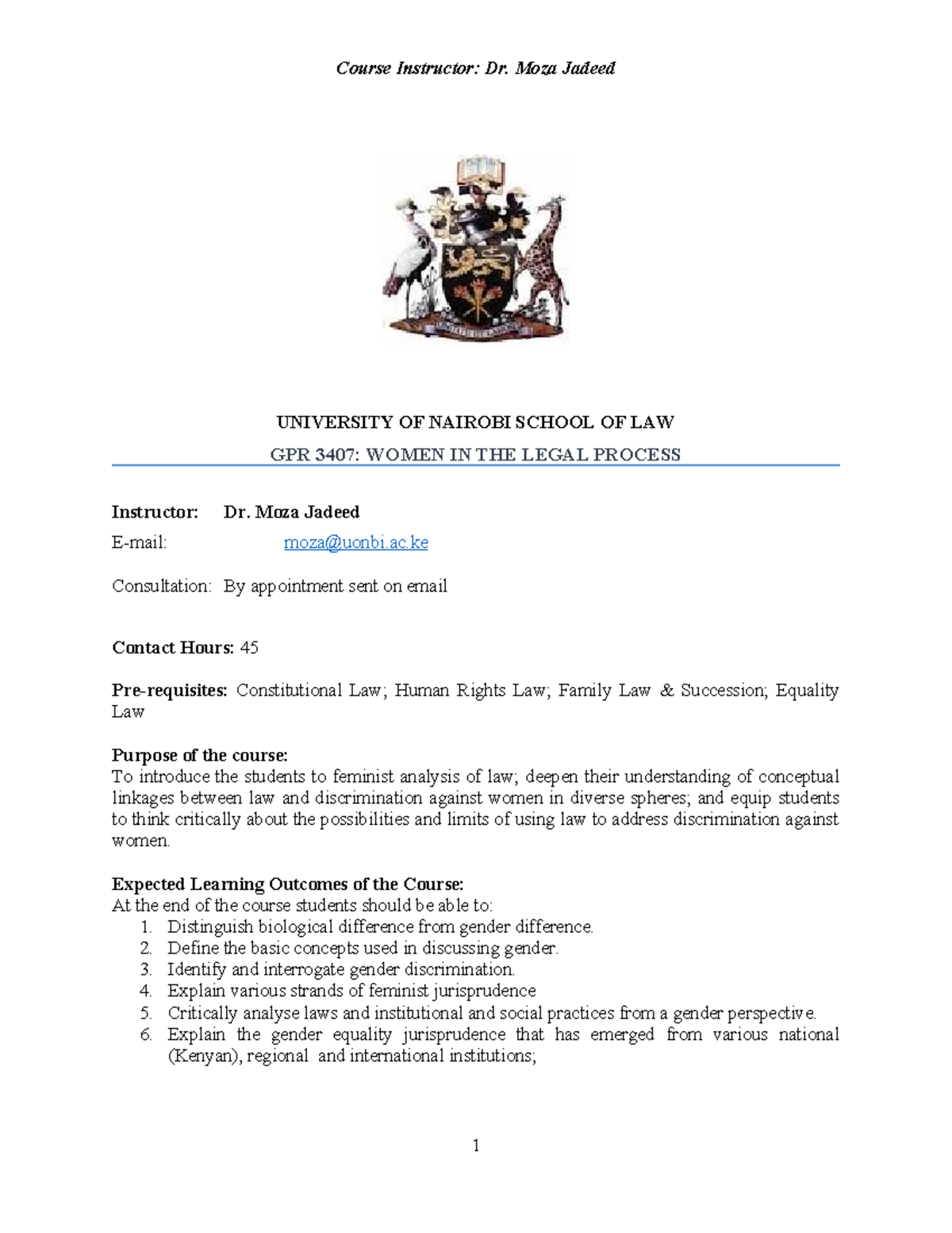 GPR 3407: Women in the Legal Process Course Outline 2026 - Studocu