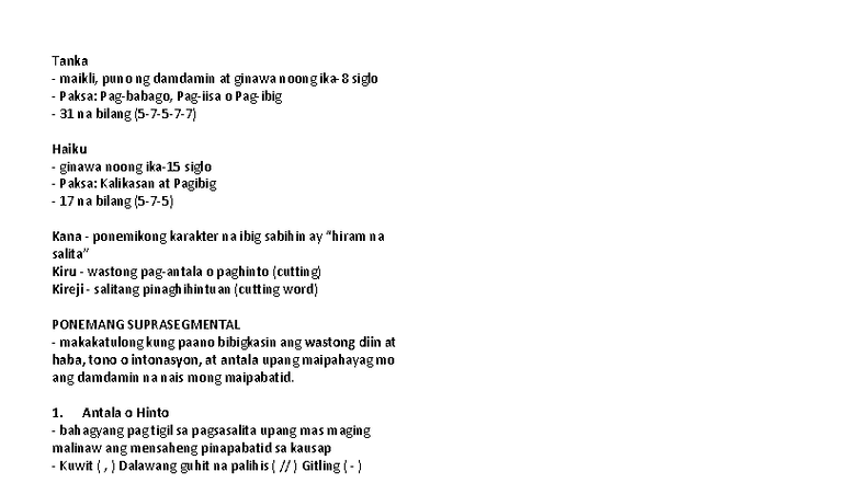 Filipino 31: Tanka at Haiku sa Kalikasan at Pag-ibig - Studocu