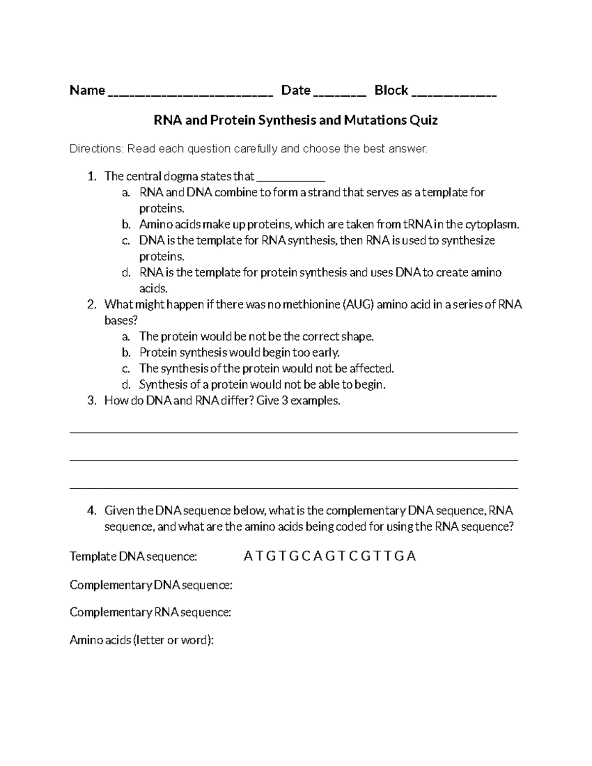 Practice Test Protein Synthesis - DNA, RNA, & Protein Synthesis ...