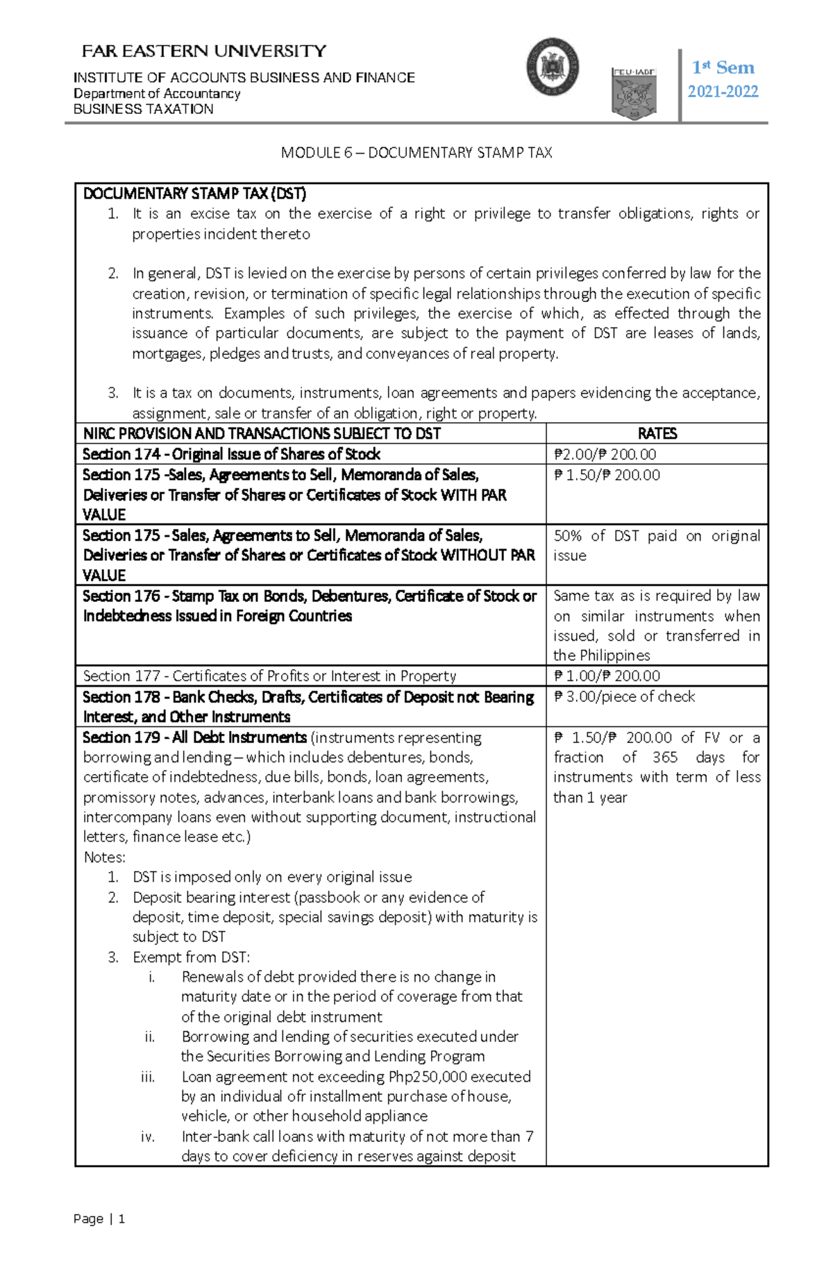Module 6 - Documentary Stamp TAX - INSTITUTE OF ACCOUNTS BUSINESS AND ...
