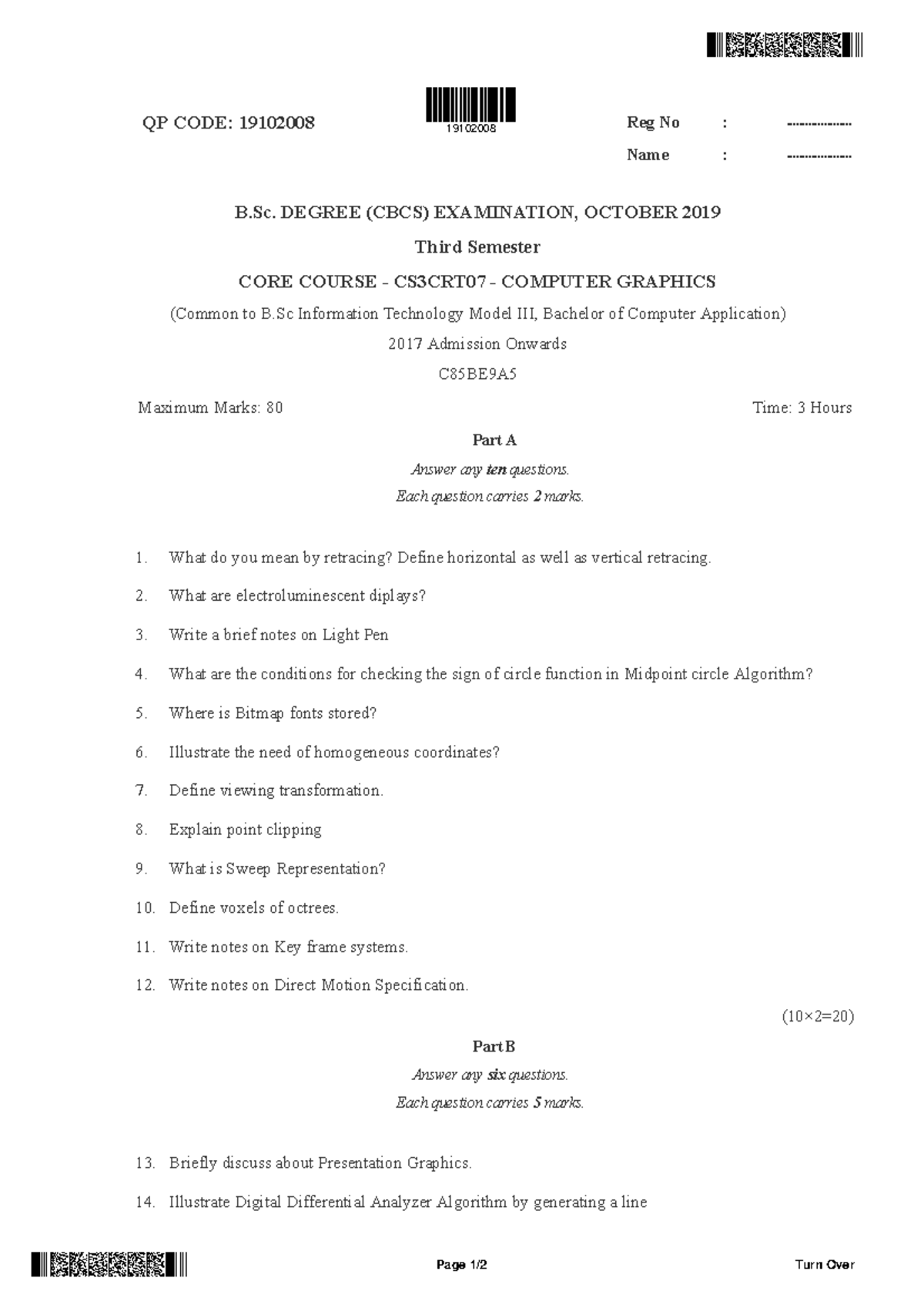 CG2019 - Computer Graphics previous year question paper 2019 MG ...