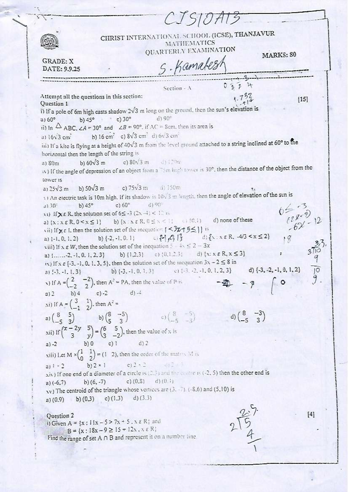 CISIOA13 Mathematics Quarterly Exam Paper - Grade X (Marks: 80) - Studocu