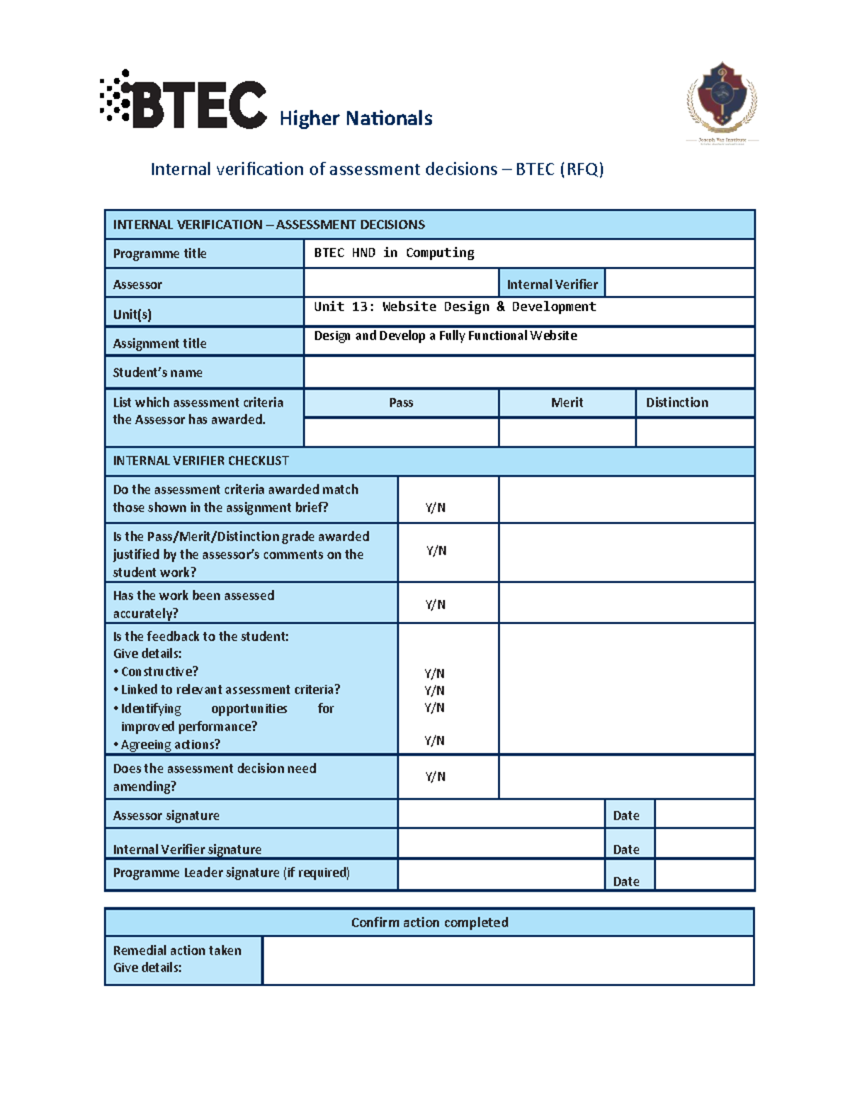BTEC HND Computing Unit 13: Internal Verification of Website Design Assignment - Studocu