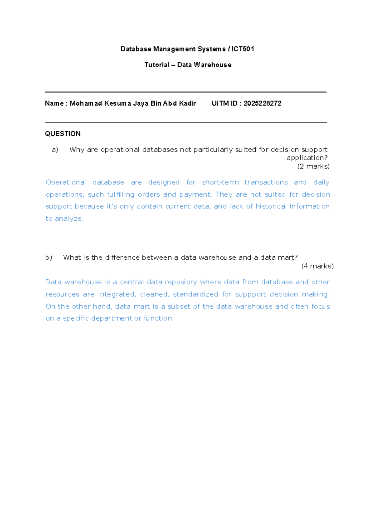 ICT501 Tutorial: Data Warehouse Insights and Differences - Studocu