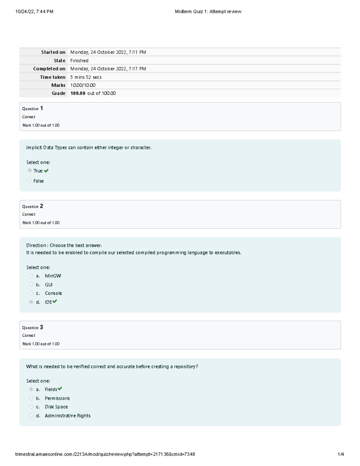 Midterm Quiz 1 Attempt review - Started on Monday, 24 October 2022, 7:11 PM State Finished ...