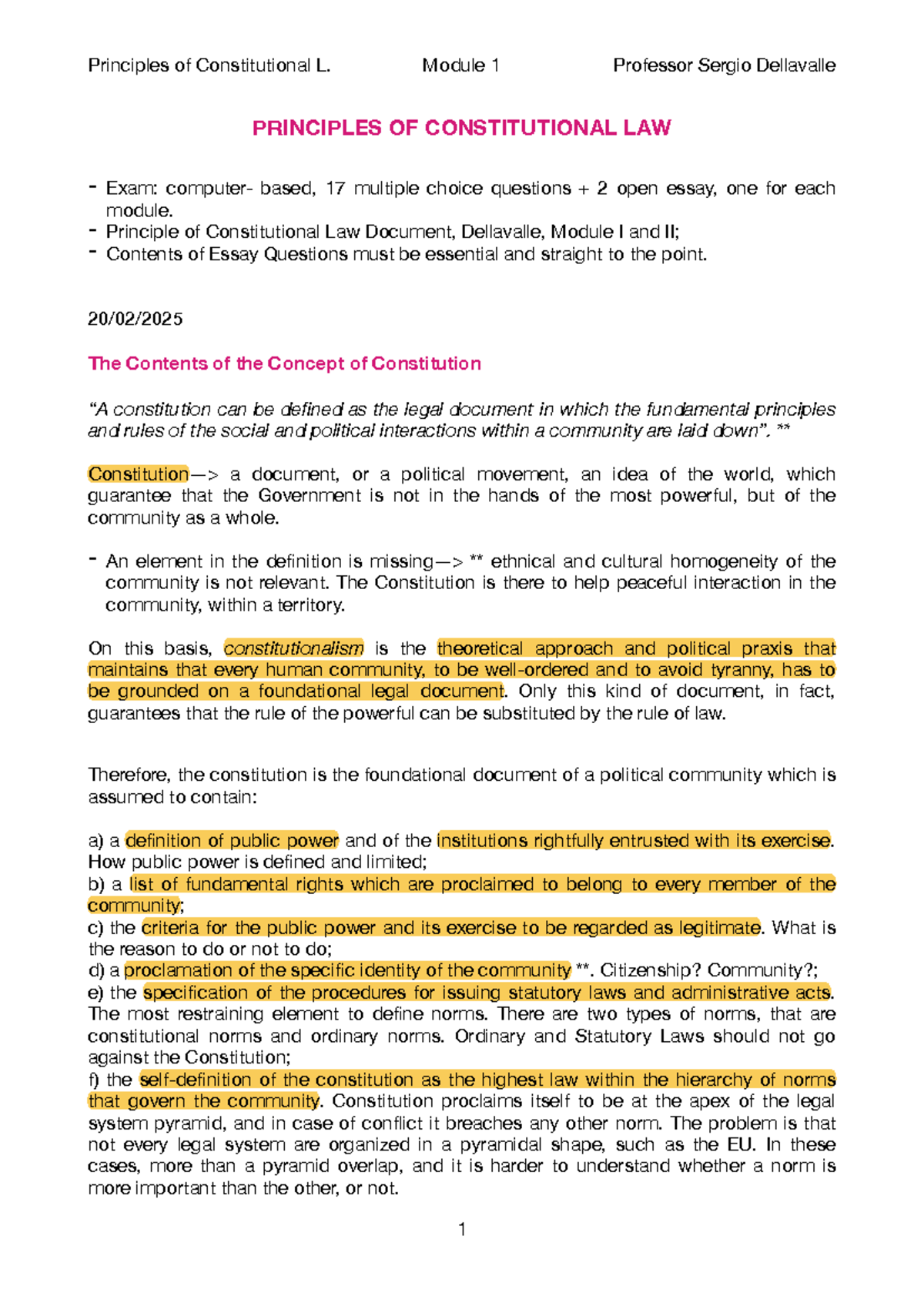 Principles of Constitutional Law (L. Module 1) - Exam Overview and Key ...