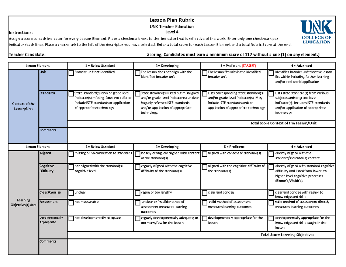 Lesson-plan-rubric - Instructions: Assign a score to each indicator for ...