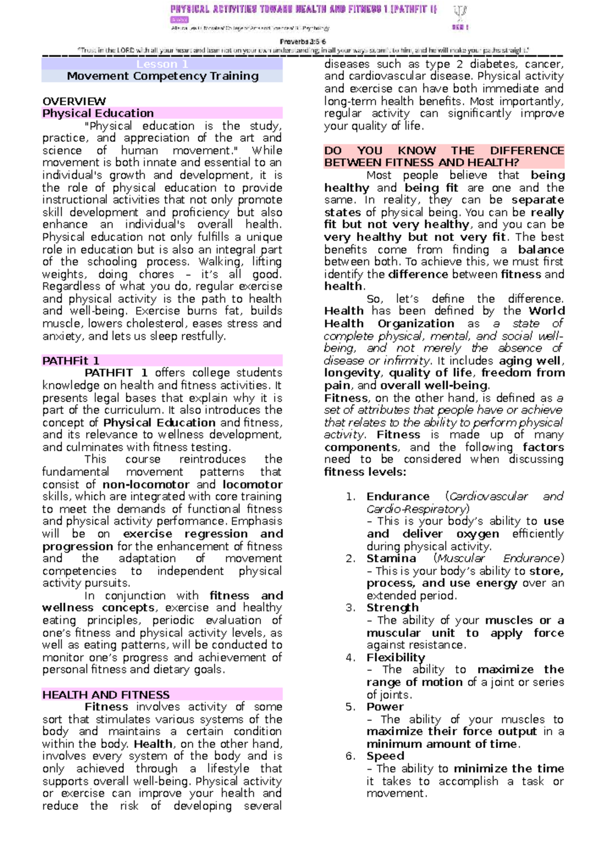 L-1 Pathfit 1: Overview of Movement Competency Training in PE - Studocu