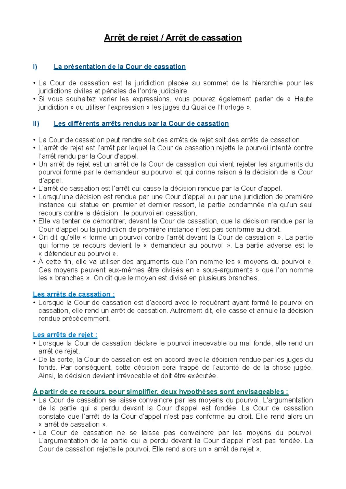 Arrêt de rejet et arrêt de cassation : Présentation de la Cour de cassation - Studocu