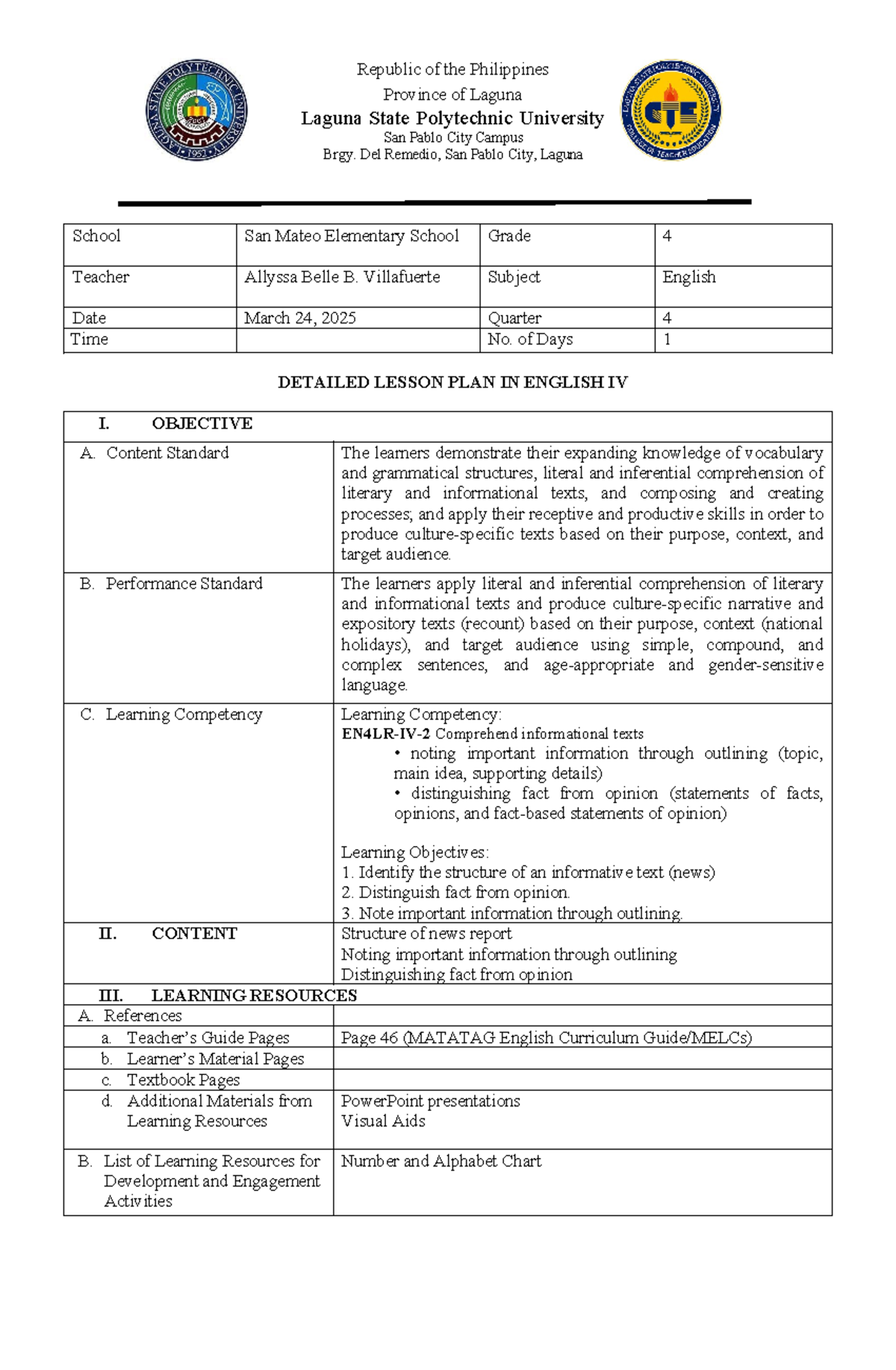 DLP- G4- Detailed Lesson Plan for English IV Final Exam - Studocu