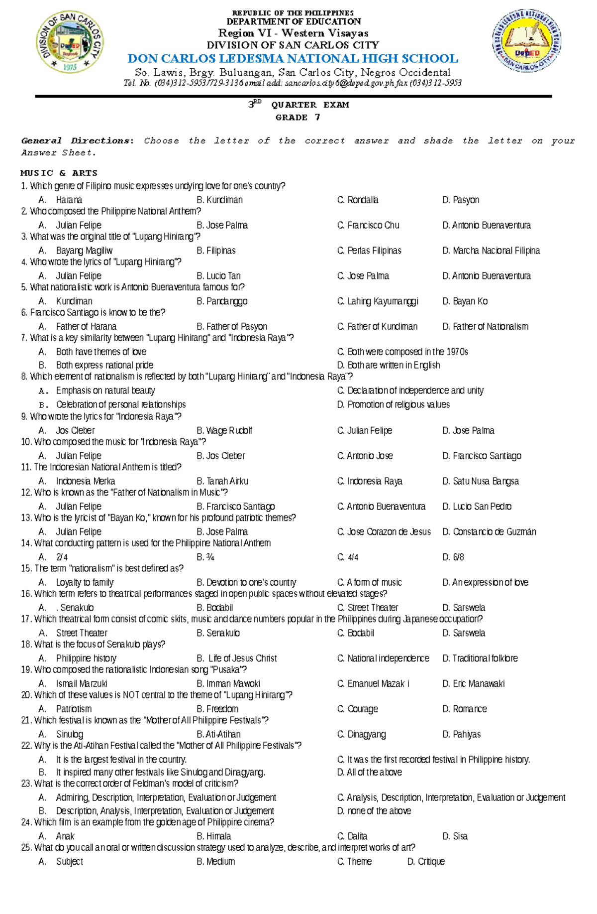 3RD QUARTER EXAM GRADE 7 & 8: MUSIC, ARTS, PHYSICAL EDUCATION & HEALTH ...