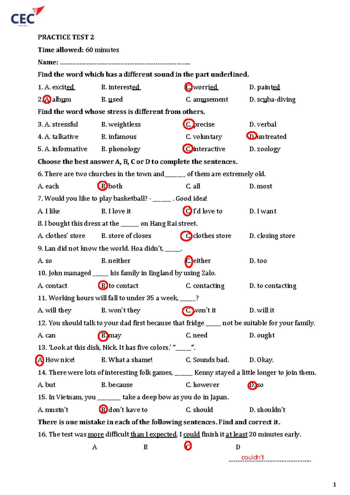 PRACTICE TEST 2 KEY - Listening and Grammar Exercises - Studocu