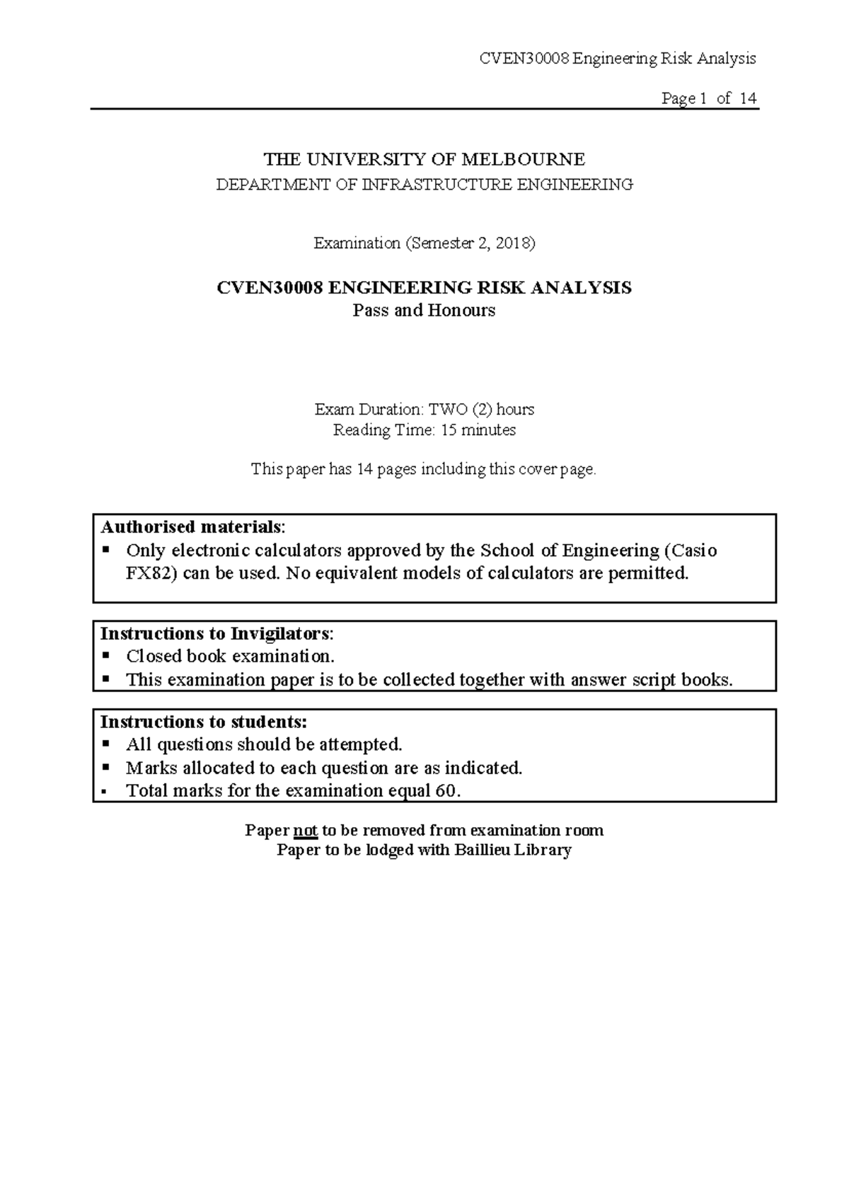 CVEN30008 Engineering Risk Analysis Exam - Semester 2, 2018 - Studocu
