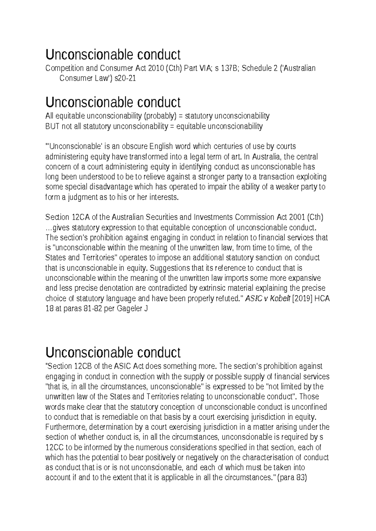 Unconscionable Conduct Notes: Competition and Consumer Act 2010 (Cth ...