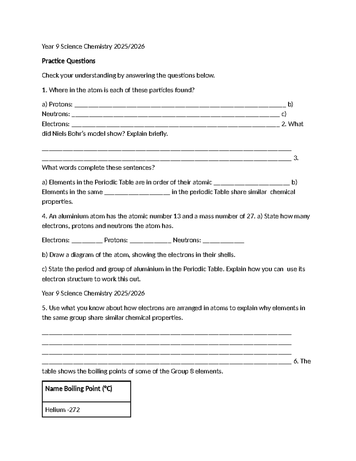 Year 9 Science Chemistry Practice Questions - Week 2 - Studocu