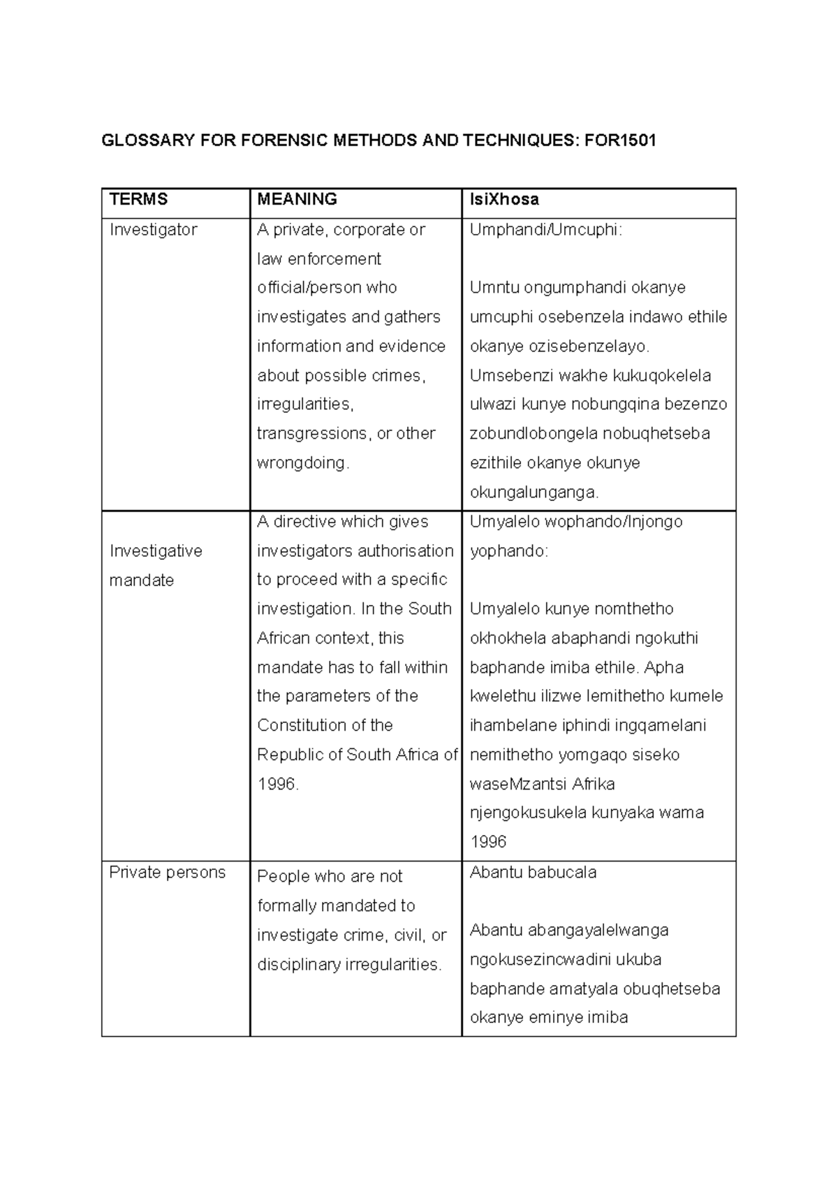 FOR1501 Glossary Isi Xhosa - GLOSSARY FOR FORENSIC METHODS AND ...
