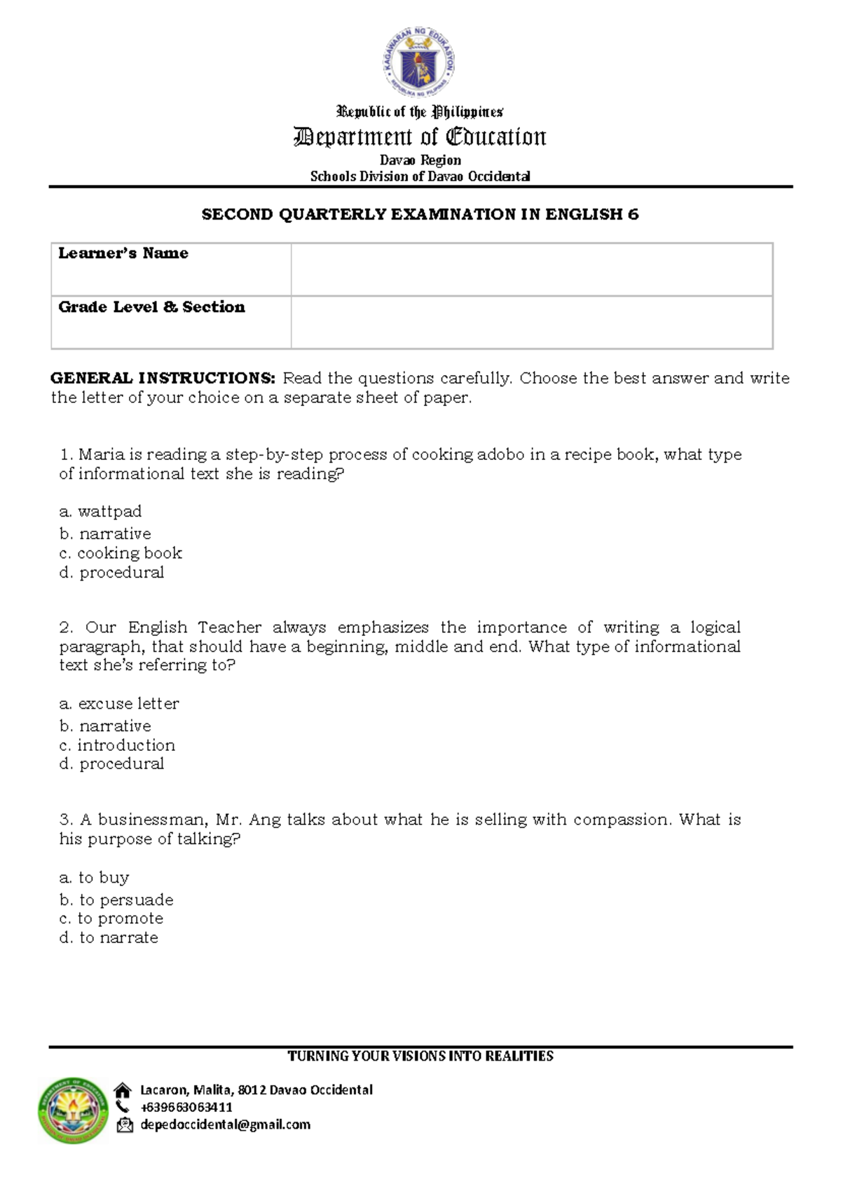 Grade 6 ENG 6 Second Quarter Exam - Modules and Answer Sheet - Studocu