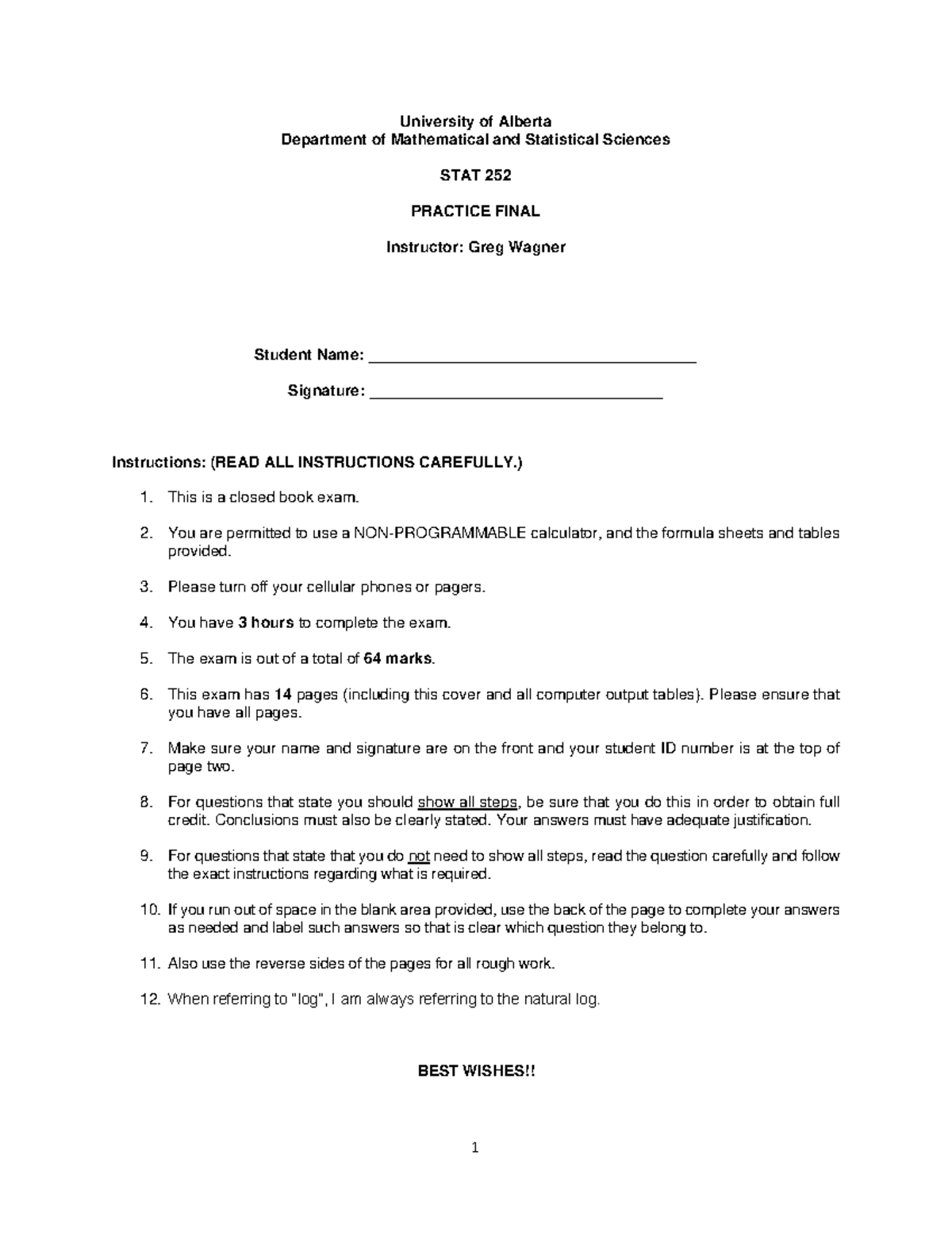 Stat 252 Practice Final Questions By Greg Wagner Studocu