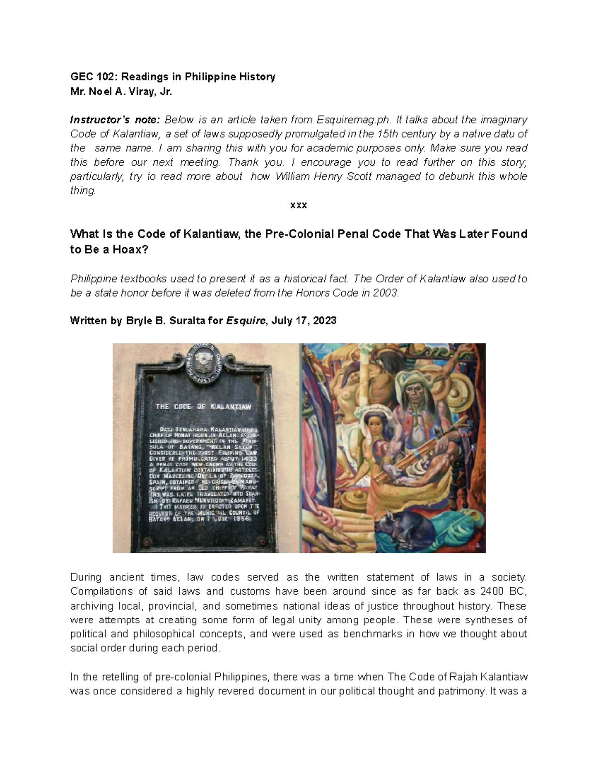 GEC 102: The Code of Kalantiaw - A Historical Analysis - Studocu