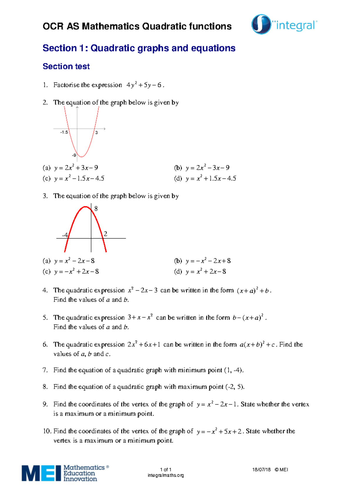 OCR AS Mathematics Quadratic Functions Section Test 1 - Studocu