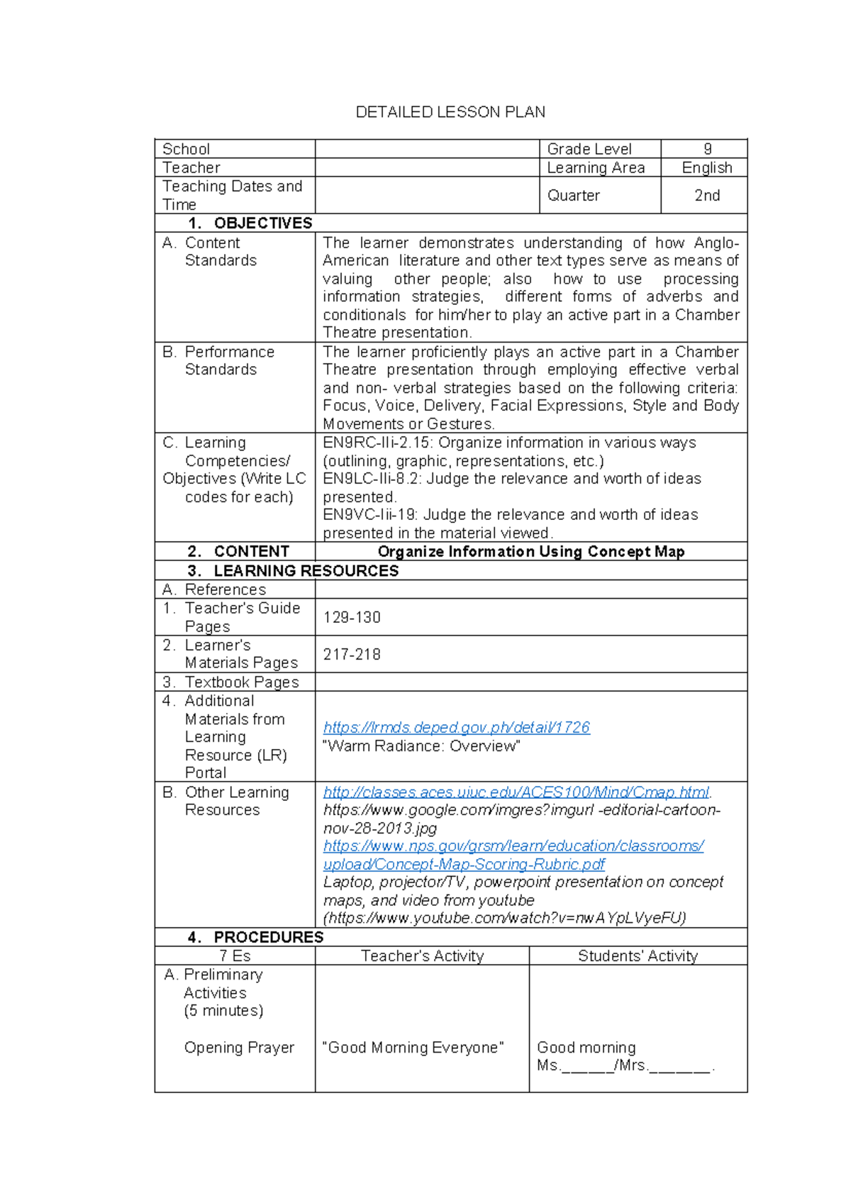 Lesson Plan: Concept Maps for Grade 9 English (2nd Quarter) - Studocu