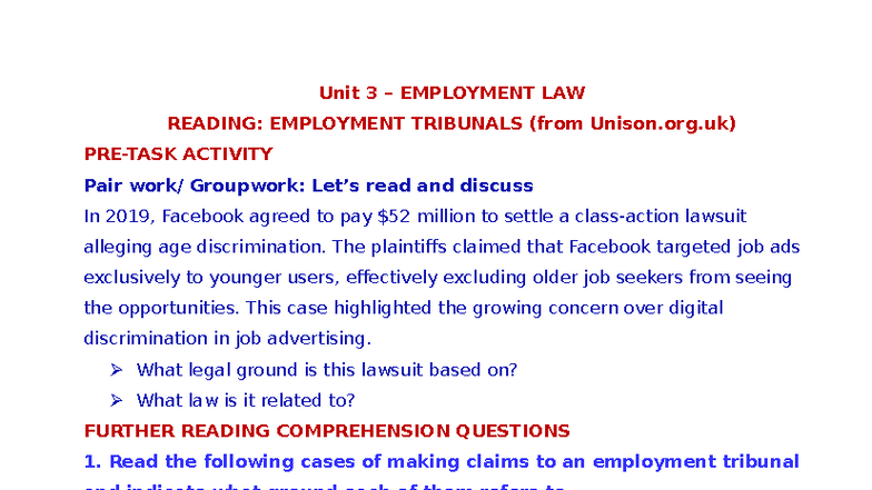 Unit 3 - Employment Law: Understanding Employment Tribunals and ...